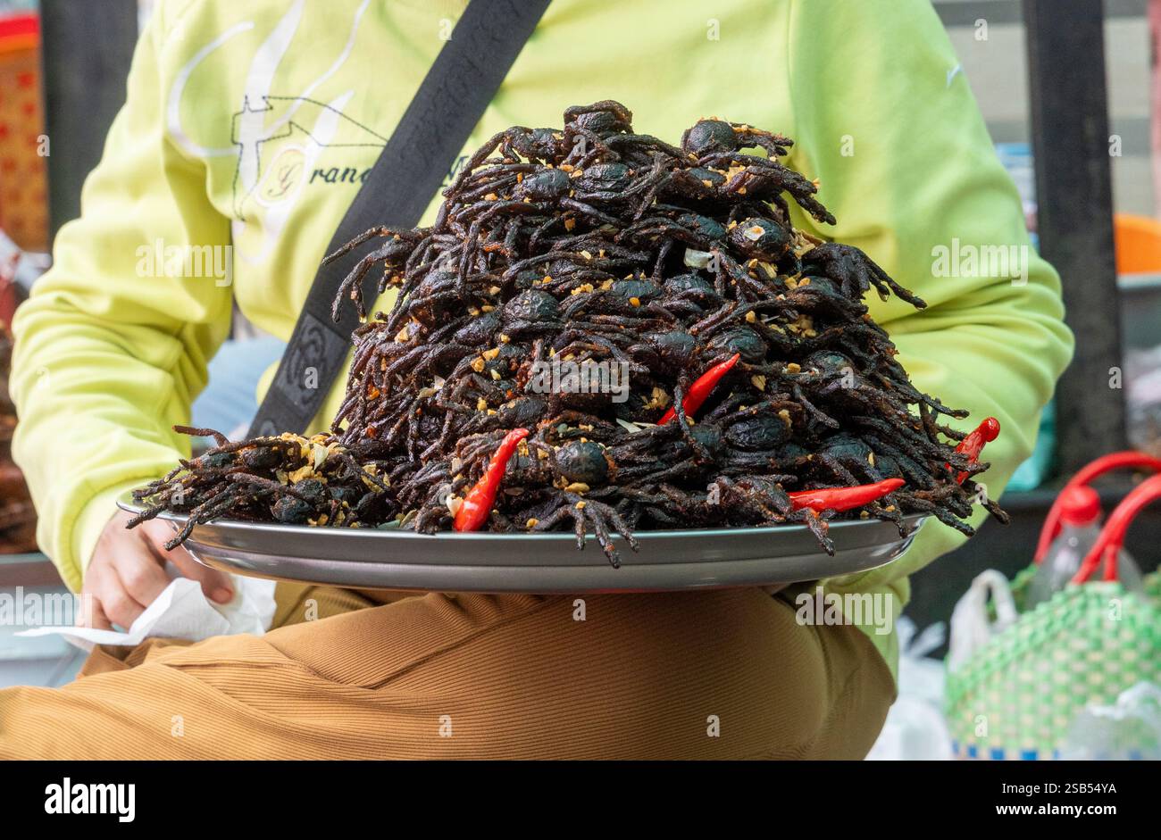 A woman with a tray of Deep-fried Tarantula spiders in Cheung Prey, Cambodia. The spiders are a ...