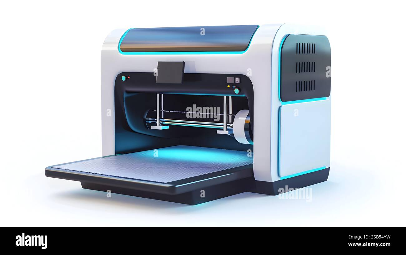 A stylized 3D icon of an office printer outputs paper, set against a ...