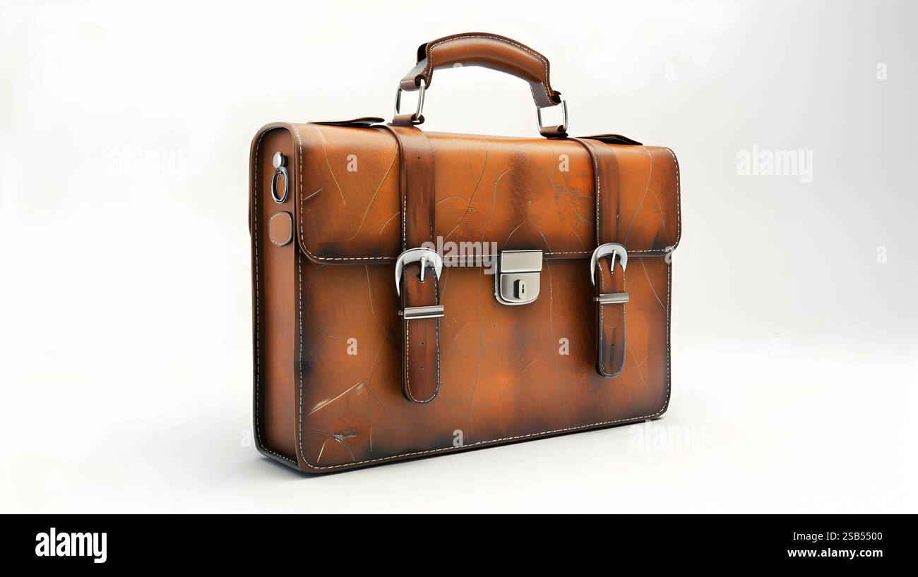 This 3D rendered briefcase stands upright on a white background ...