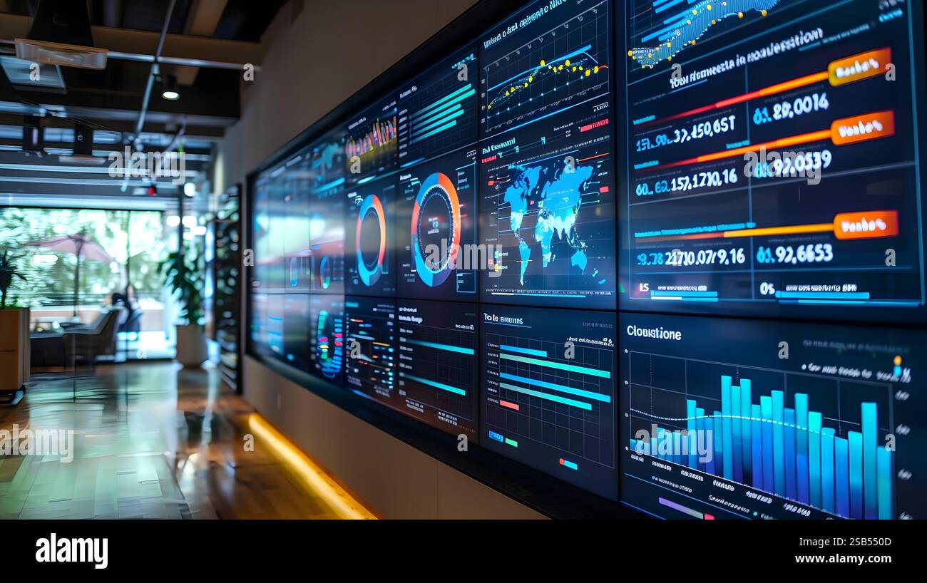 A large, interactive digital dashboard displays real-time sustainability metrics for a global ...