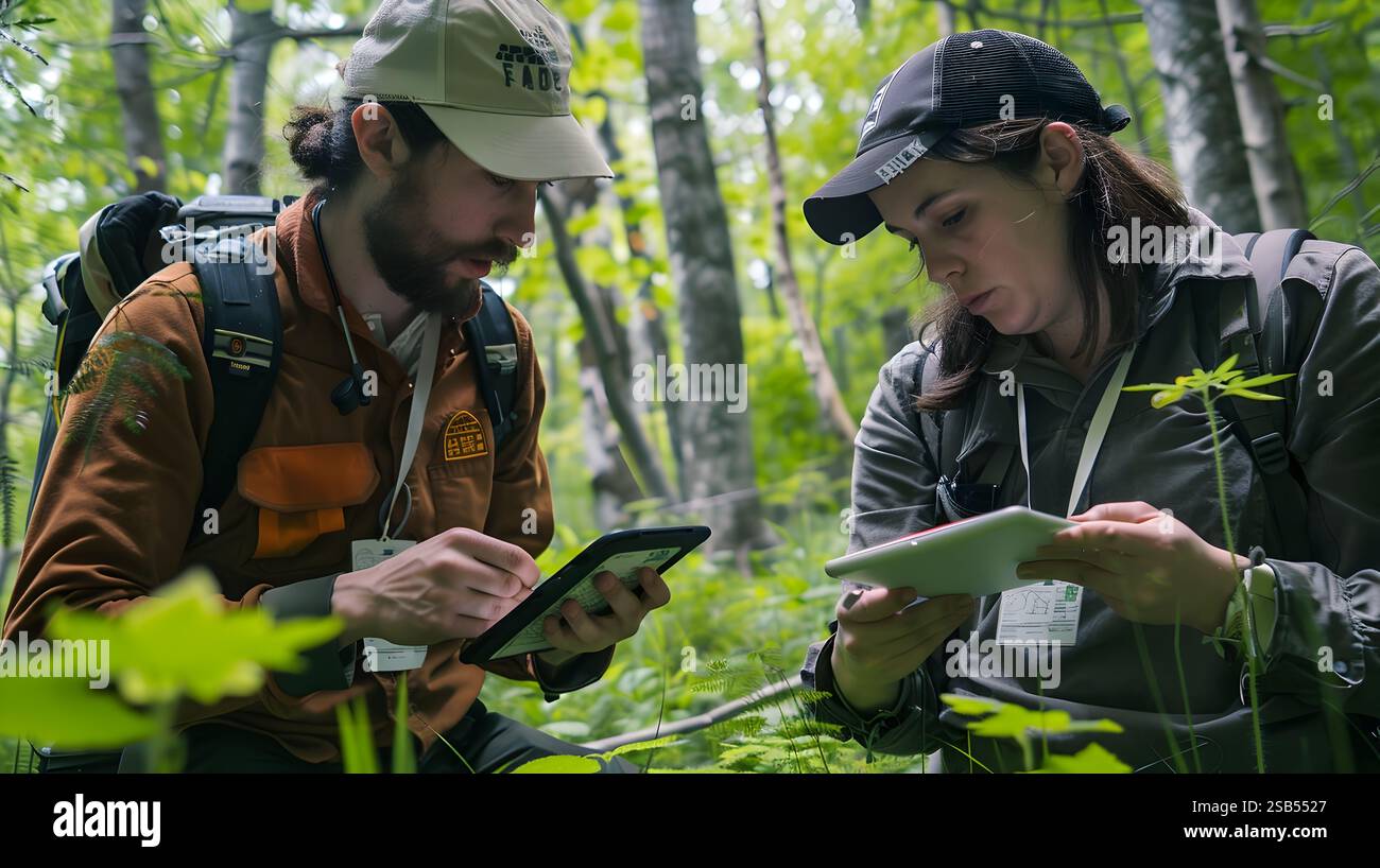 A group of environmental scientists are in the field collecting data ...