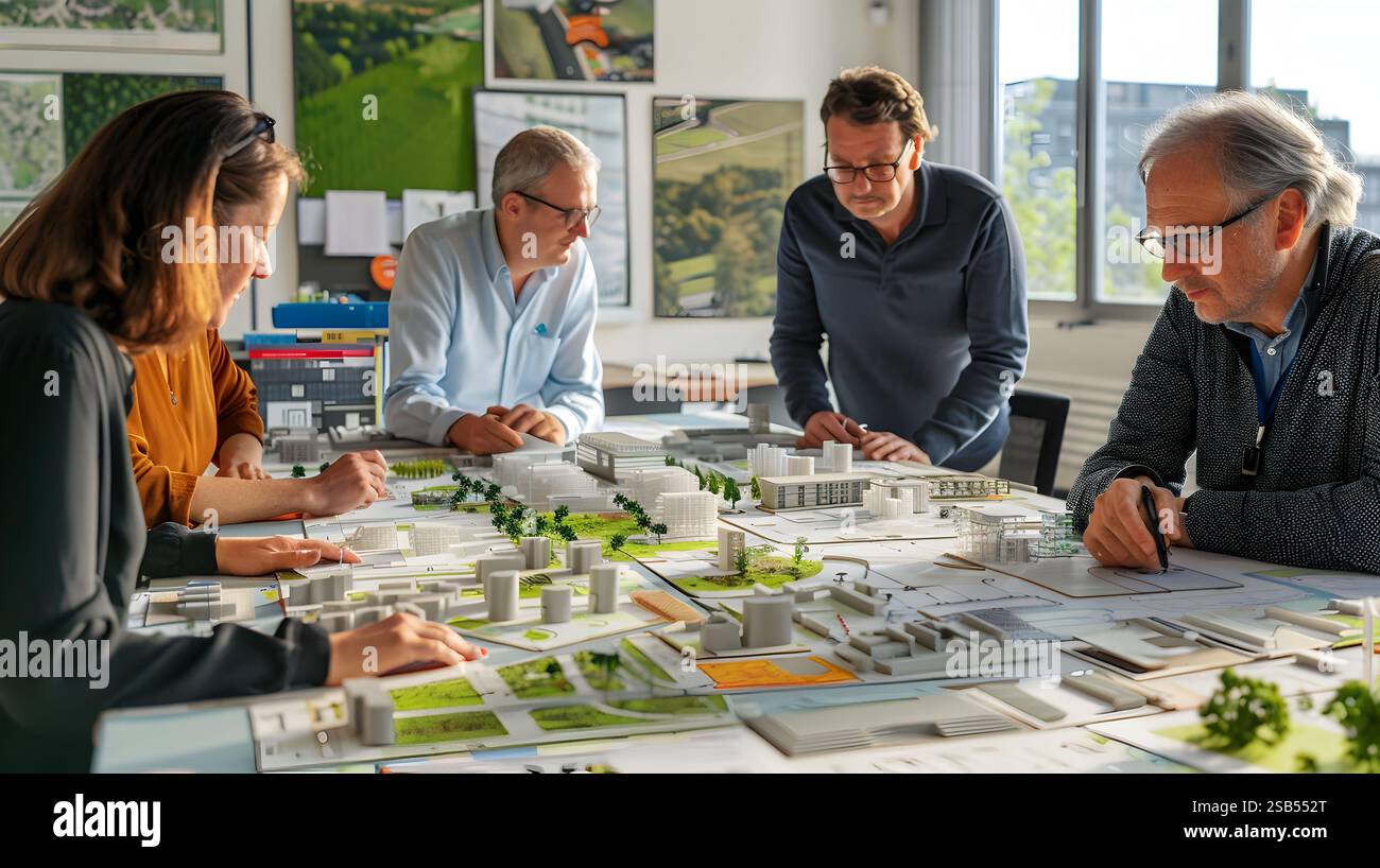 A group of dedicated urban planners and engineers gather around a table ...