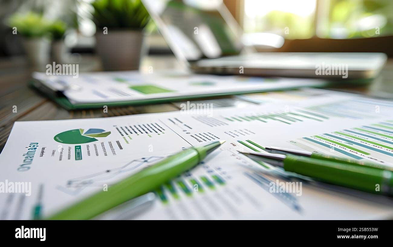 A close-up view of an annual sustainability review, featuring open ...