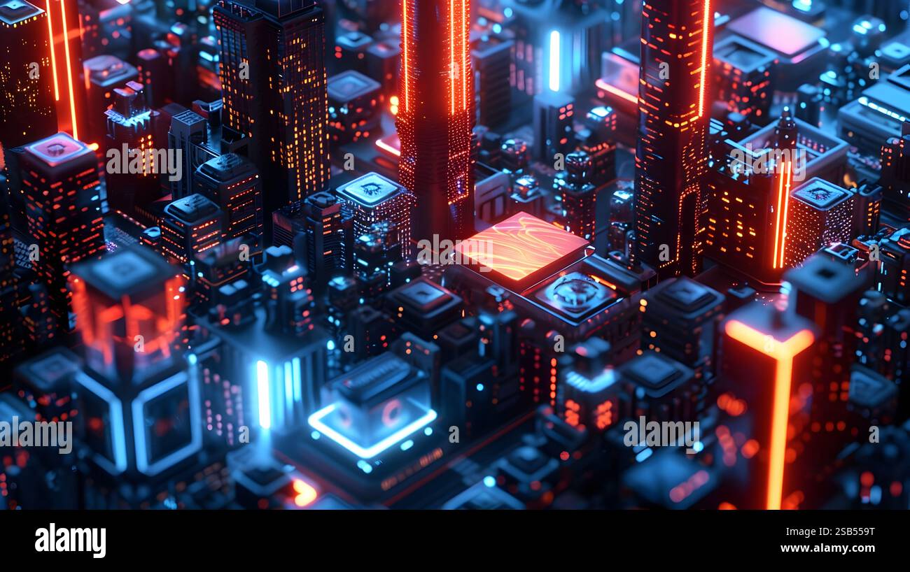 This captivating isometric view of a futuristic city at night showcases a metropolis adorned ...