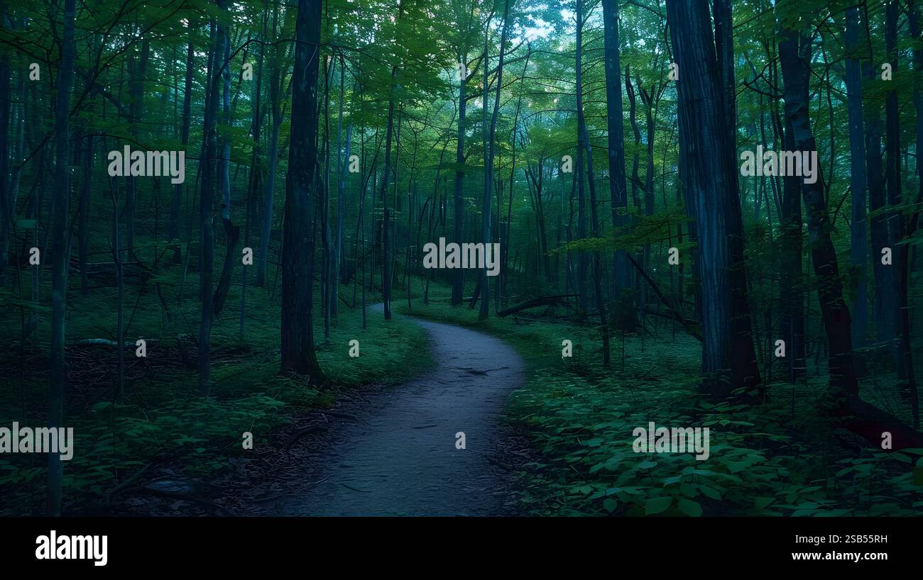 A dense forest stands at the threshold of dusk, its trees forming dark ...