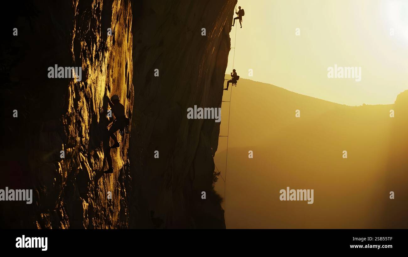 The image depicts a dramatic early morning scene of rock climbers ...