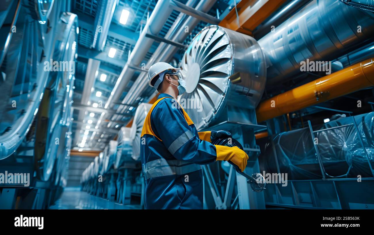 A skilled worker in uniform is meticulously cleaning and servicing the ...
