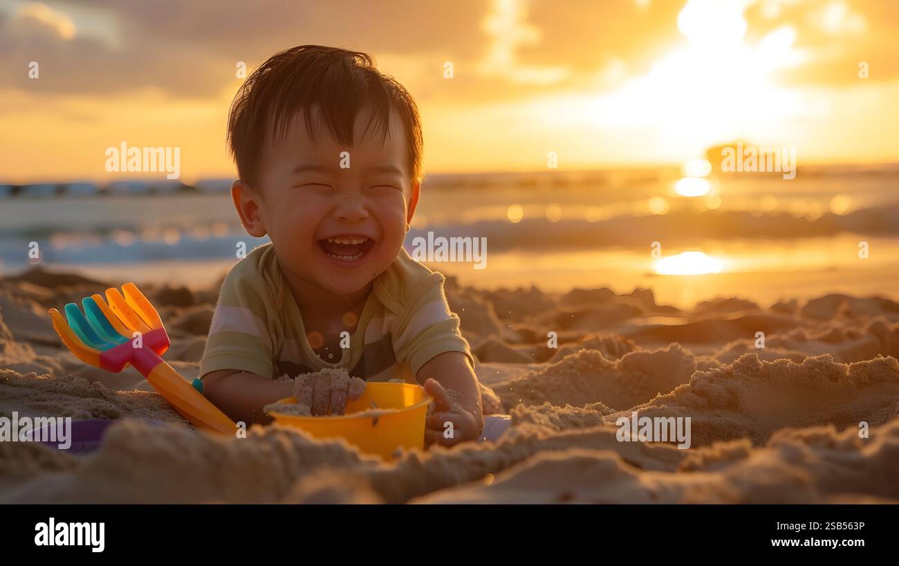 A delightful close-up image of a young Asian child giggling with pure ...