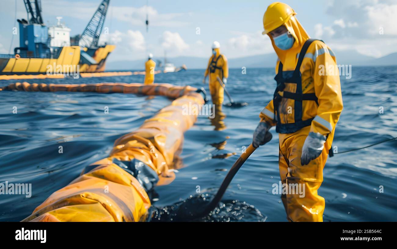 An environmental cleanup crew, dressed in protective gear, uses booms ...