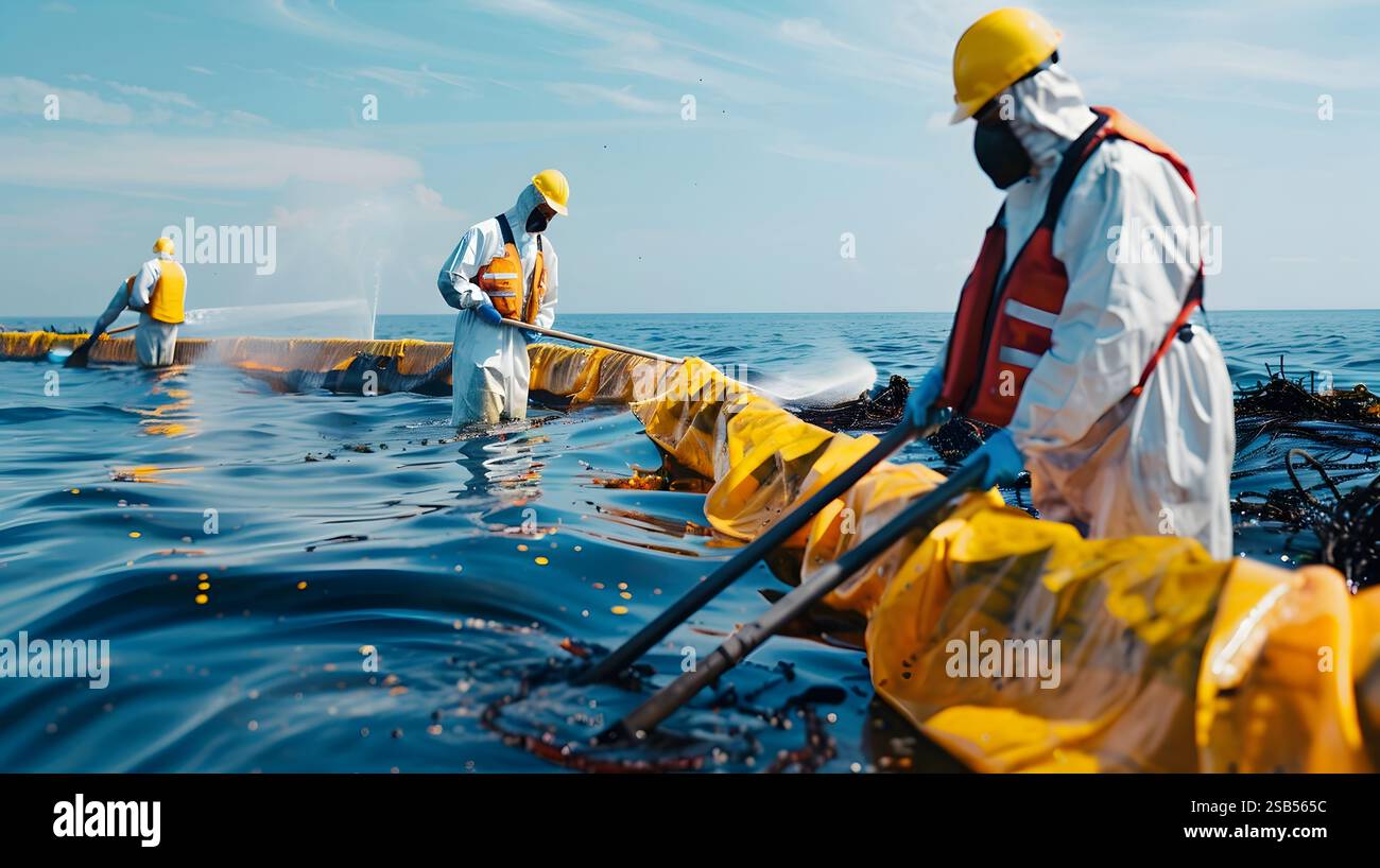 An environmental cleanup crew, dressed in protective gear, actively ...
