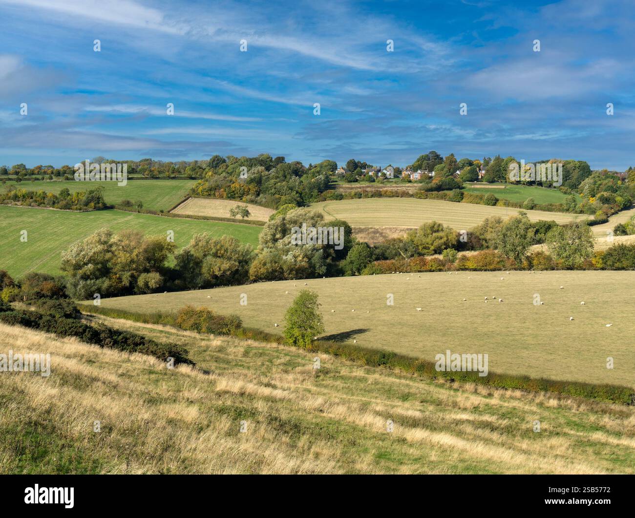 The Leicestershire hilltop village of Burrough-on-the-Hill, seen across ...