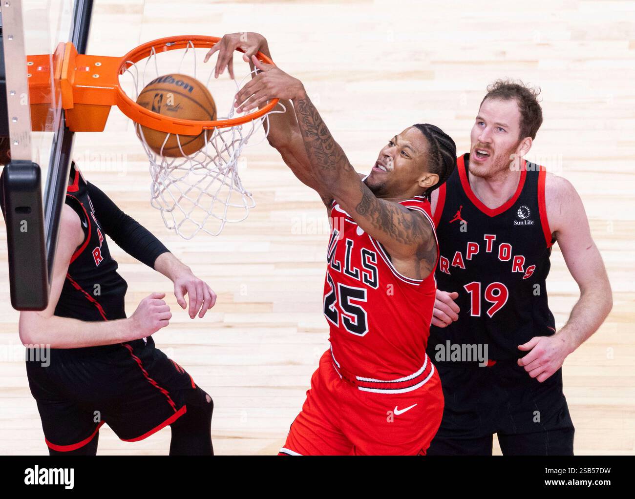 Toronto, Canada. 31st Jan, 2025. Dalen Terry (C) of Chicago Bulls dunks during the 2024-2025 NBA ...