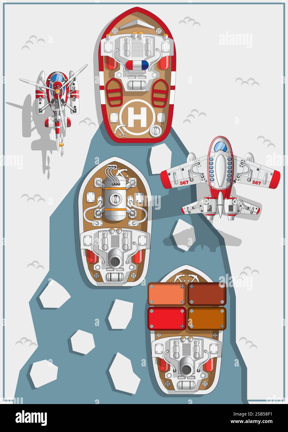 Icebreaker leads ship. View from above. Vector illustration Stock ...