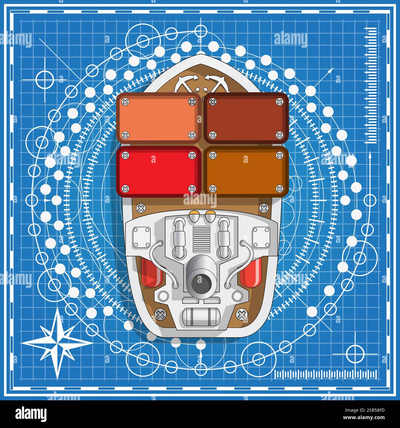 Cargo ship on a blue background. View from above. Vector illustration ...