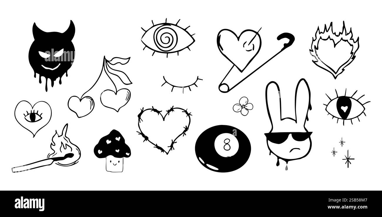 Psychedelic doodle heart barbed wire, with fire nd eye, graffiti groovy ...