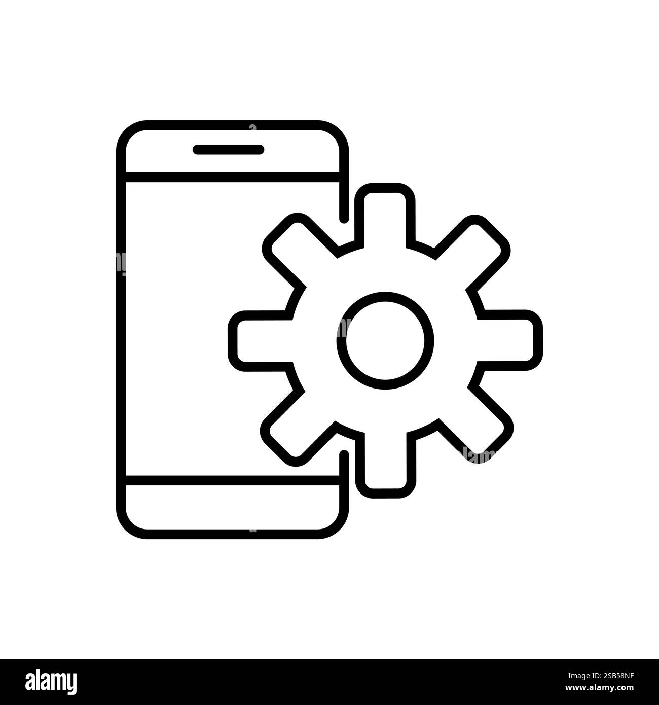 A line drawing icon depicting a smartphone with a gear symbol, representing the settings or ...
