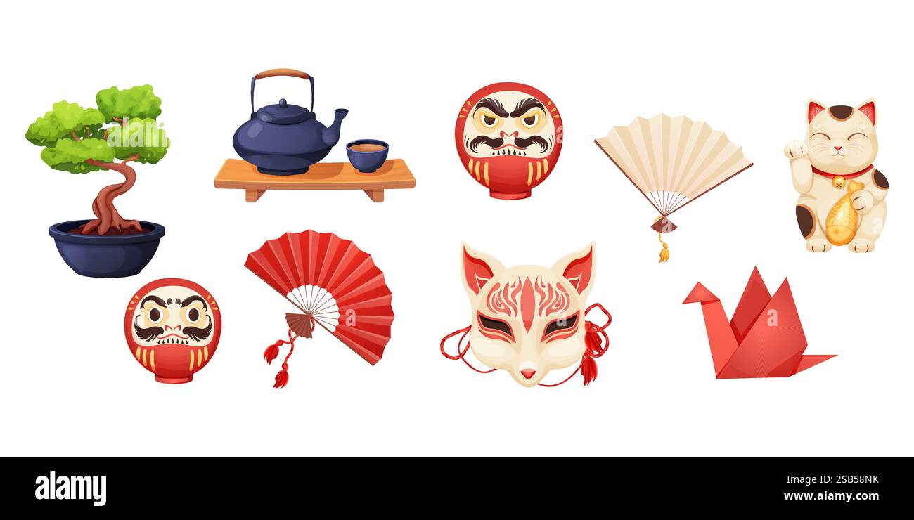 Japan set with traditional elements bonsai tree, koinobori flag, fun, maneki neko cat, origami ...