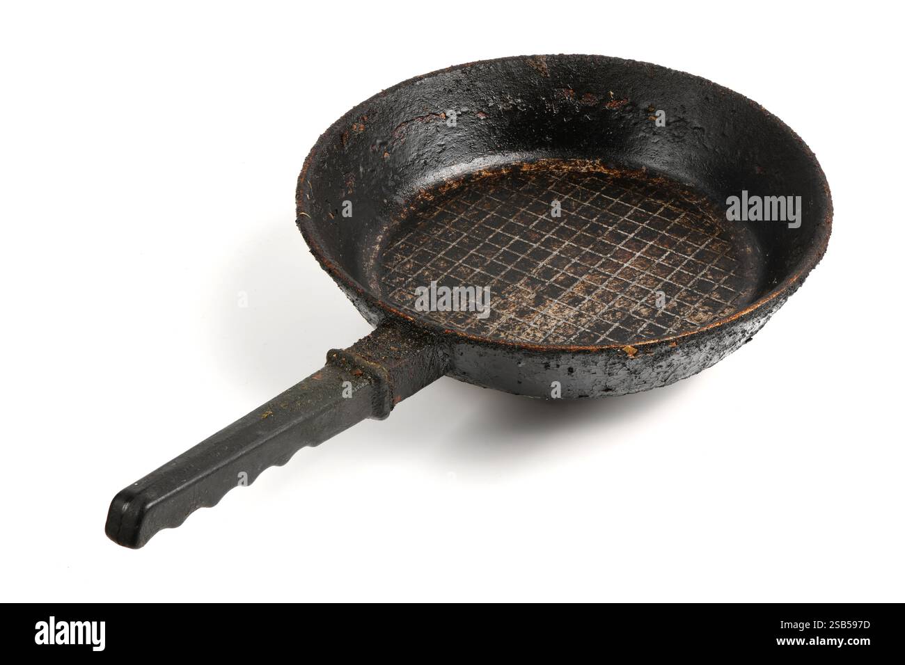 Old metal frying pan for cooking. Dirty dishes empty, food template ...