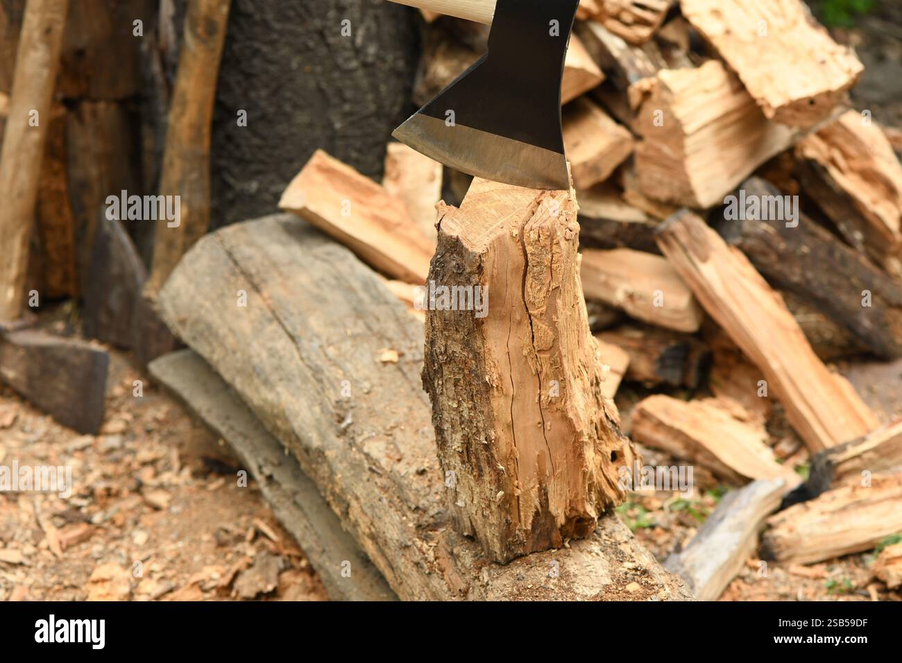 Axe and log. High resolution photo. Full depth of field Stock Photo - Alamy
