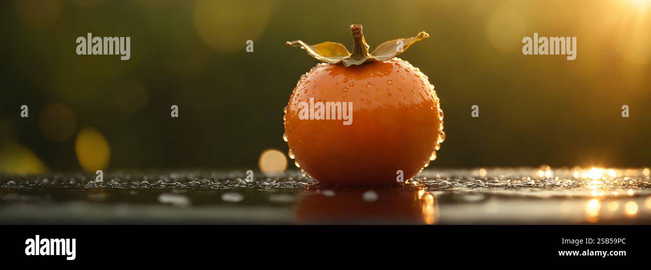 Persimmon with water drops in the backlight of the sun. Fresh persimmon ...