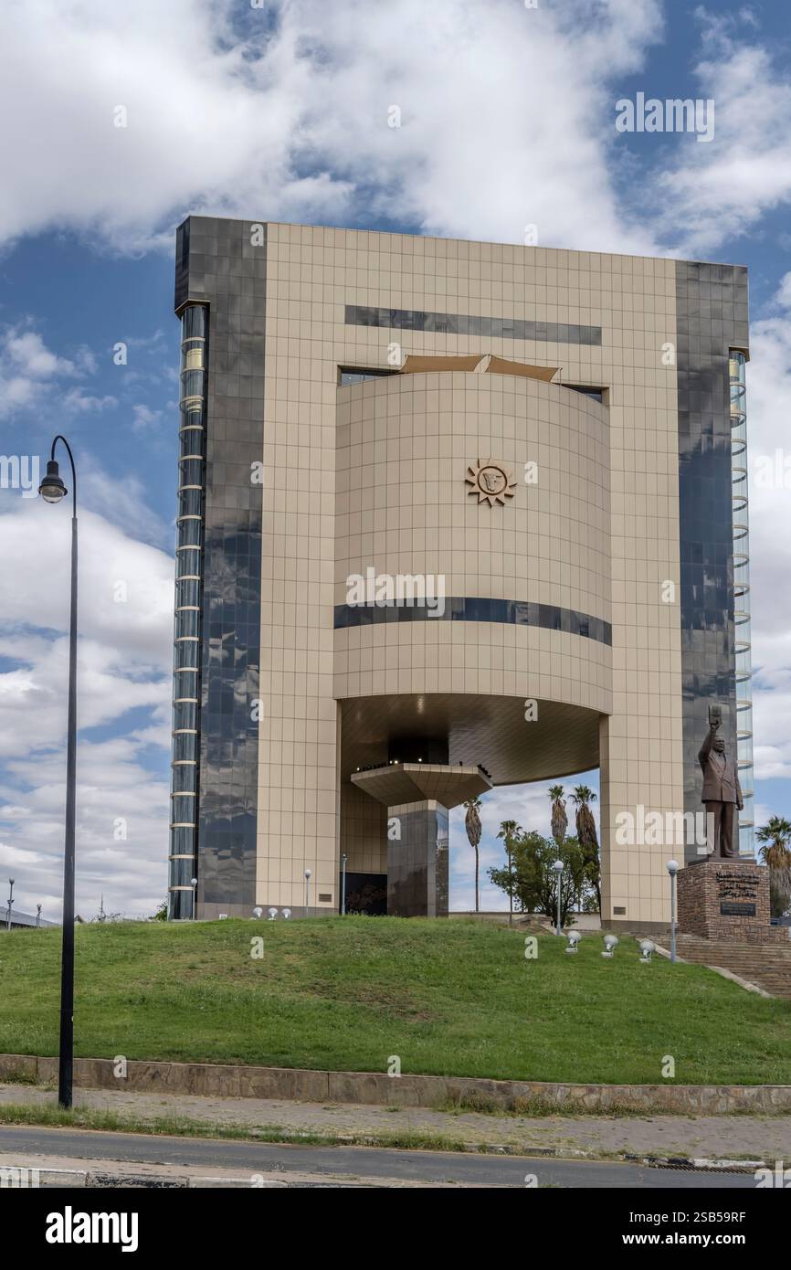 cityscape with iconic round modern building, shot in bright late spring ...