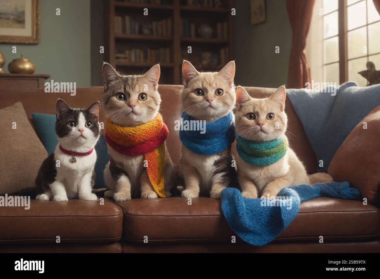 Cat on the sofa in the room. Multi-colored scarf is wrapped around the ...