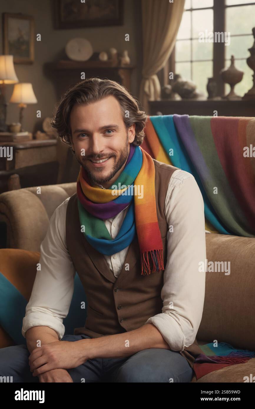 Smiling man in the room. Multicolored scarf is wrapped around the man's ...