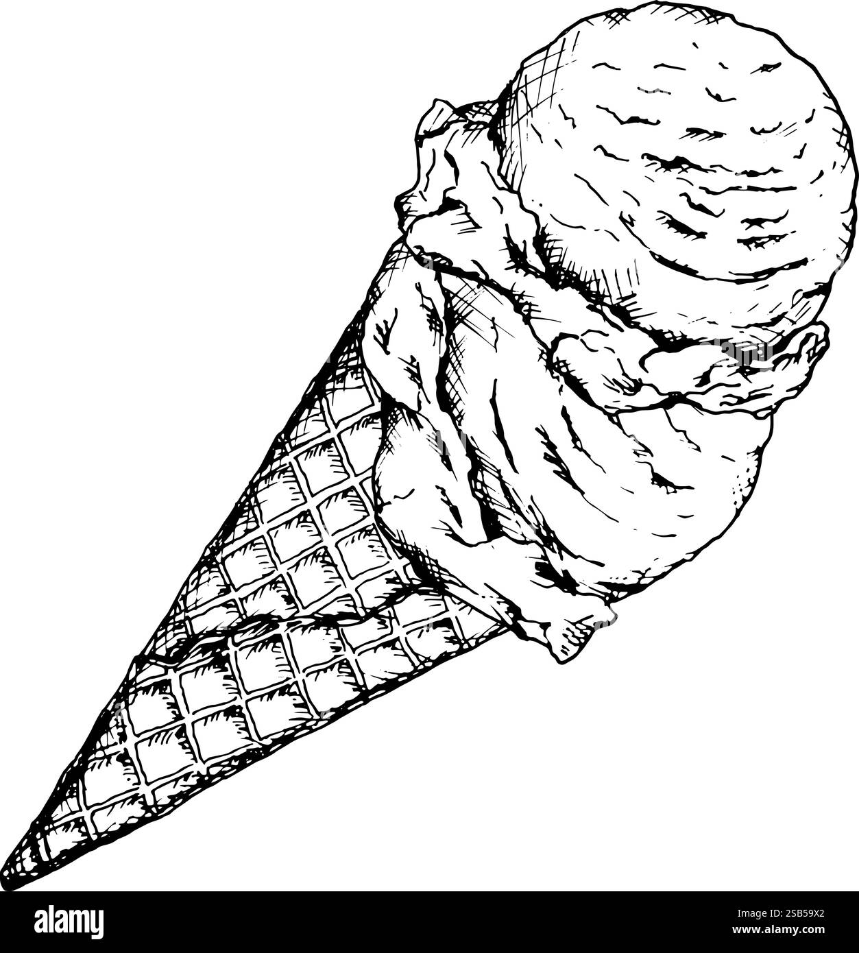 Hand drawn ink vector illustration of an ice cream cone with scoops ...