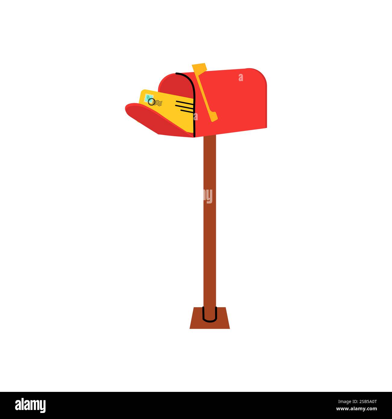 The bright red mailbox, perched on a sturdy wooden post, is slightly ...