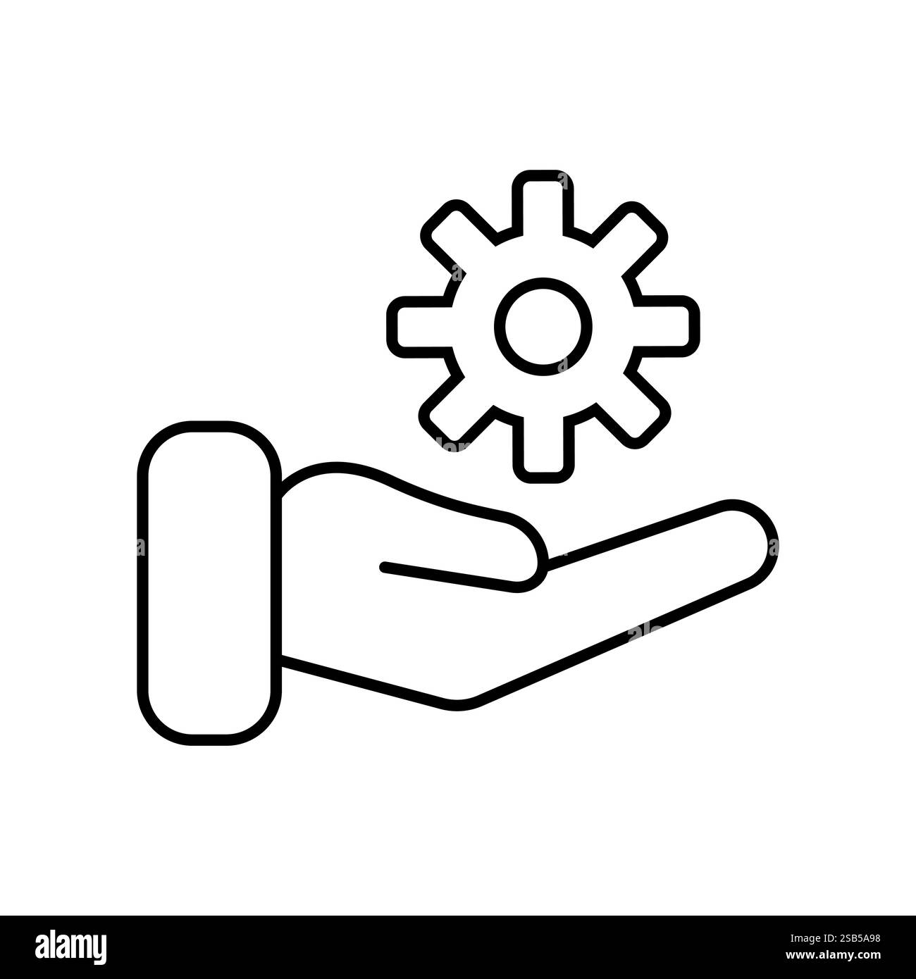 A hand is extended outward, showcasing a gear symbol that represents ...