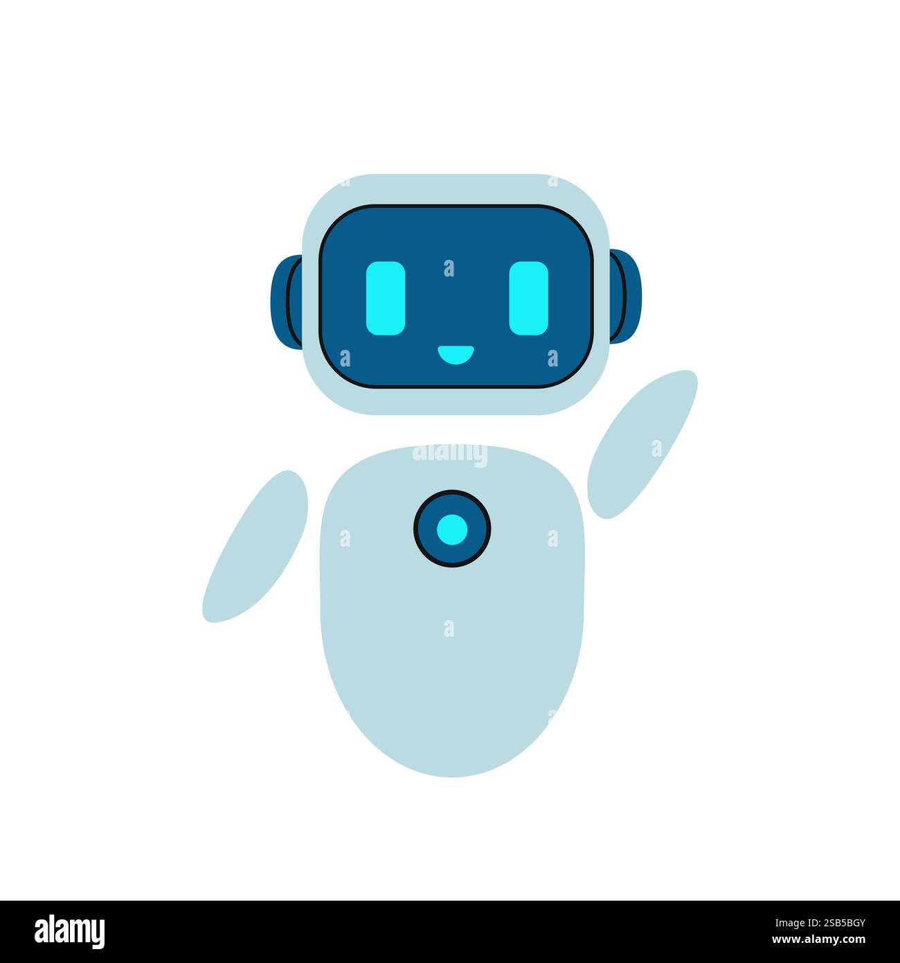 A cartoon robot with blue eyes and a smiling face waves with its right ...