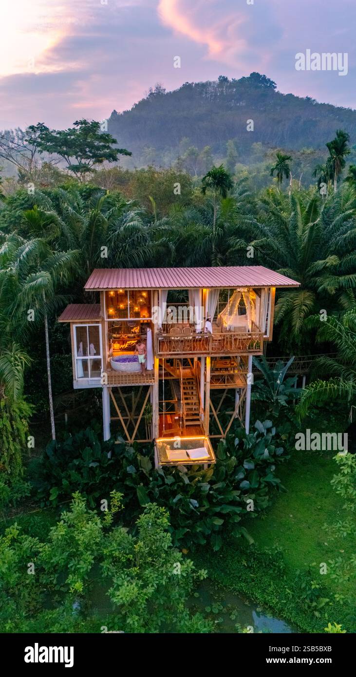 Nestled among vibrant greenery, a cozy treehouse awaits adventurers ...