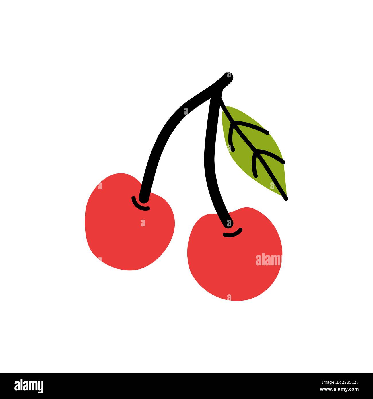 Two vibrant red cherries hang from a single stem, accompanied by a ...