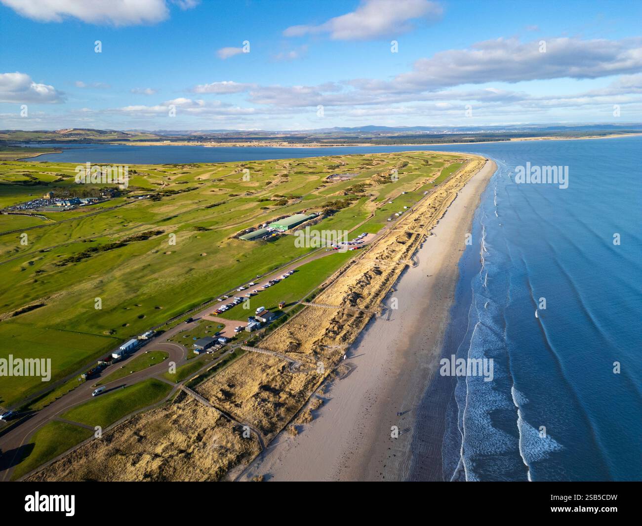 Aerial view of the many links golf courses beside West Sands Beach at ...