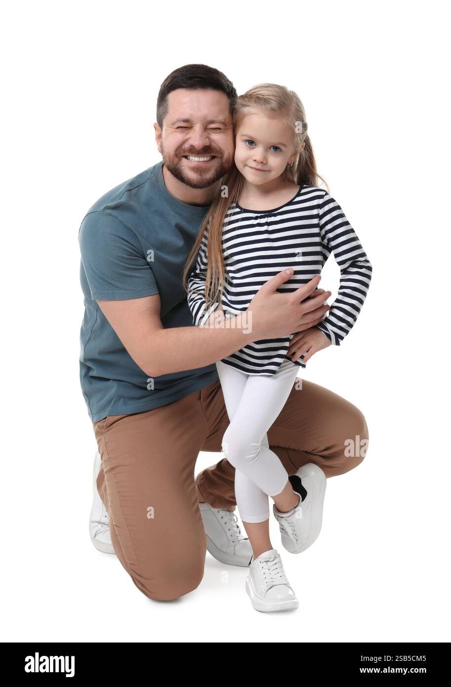 Happy father and his cute little daughter on white background Stock ...