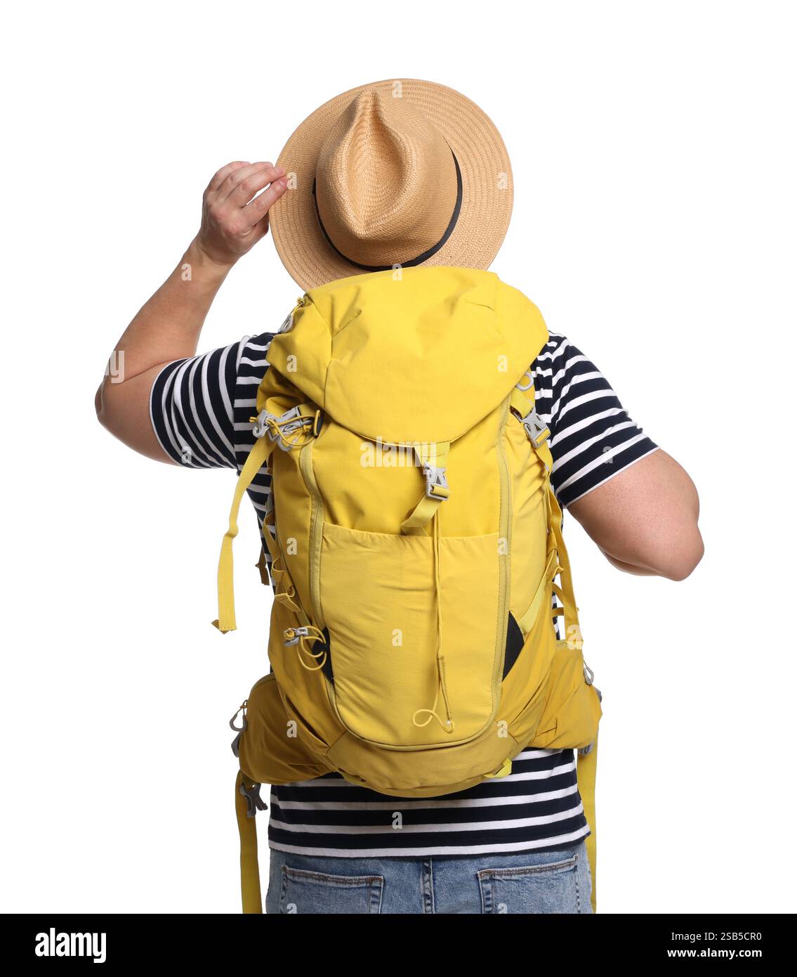 Traveller with backpack on white background, back view Stock Photo - Alamy