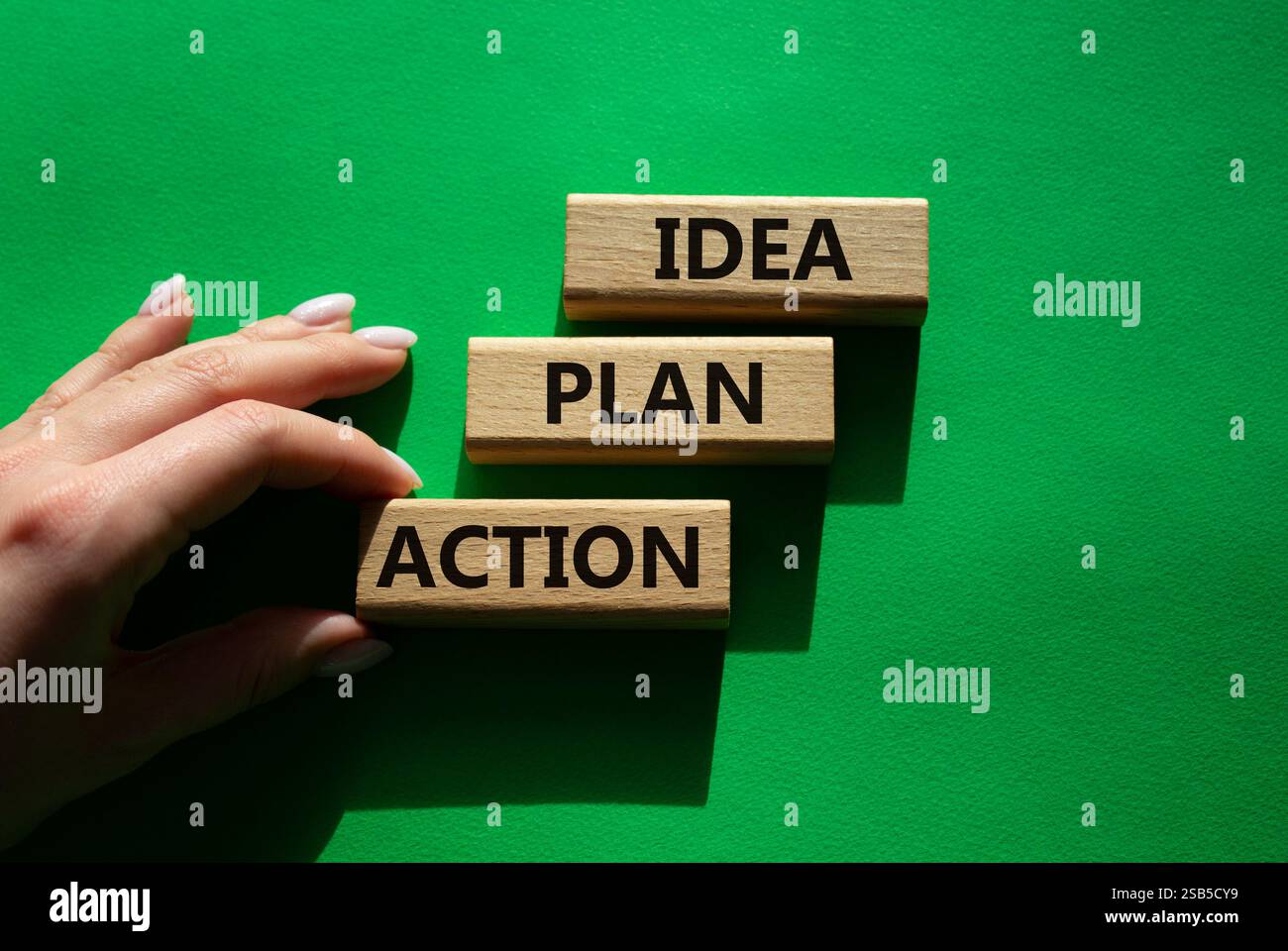 Idea Plan Action symbol. Wooden blocks with words Idea Plan Action. Beautiful green background ...