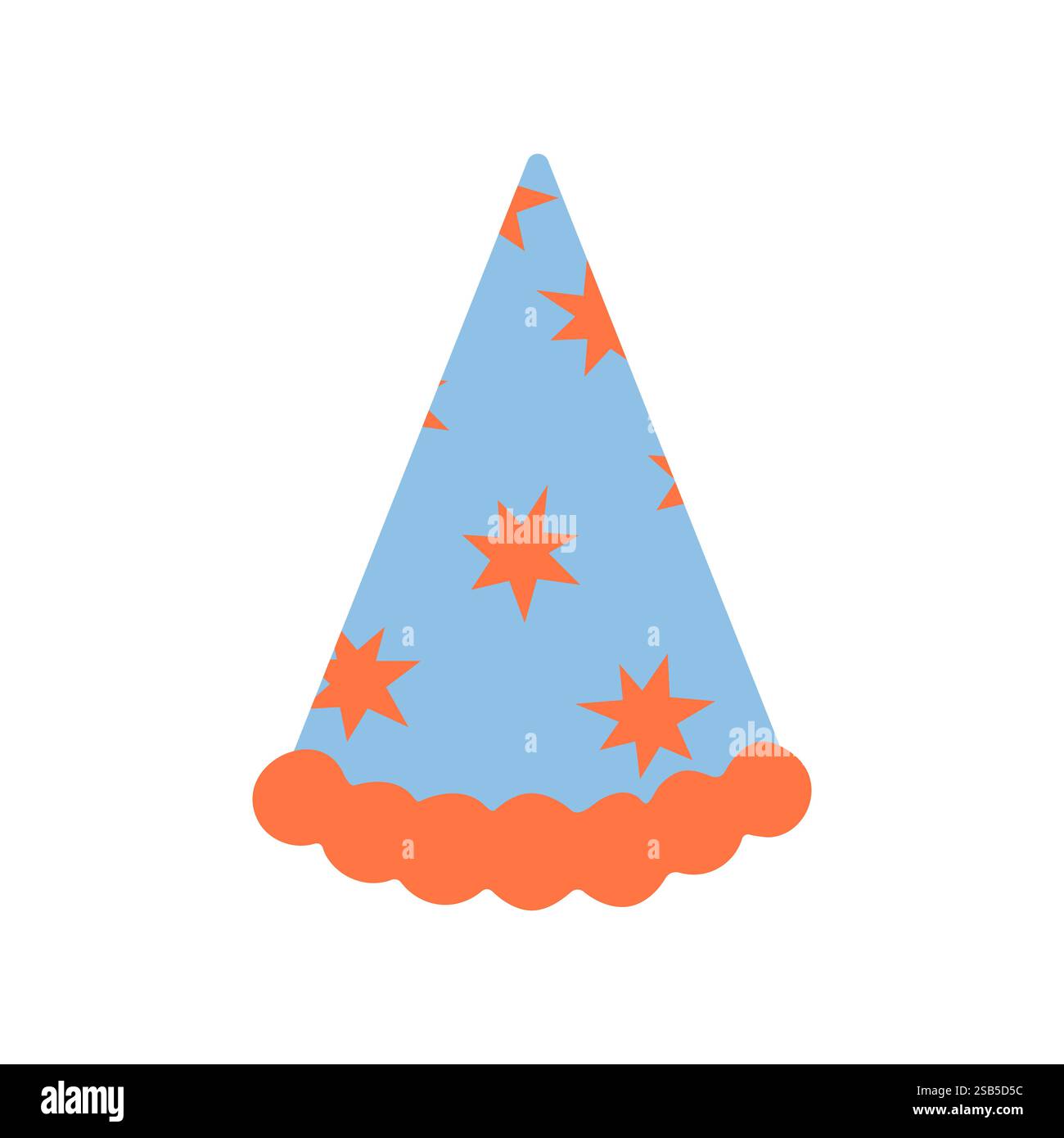 A bright blue party hat adorned with orange stars and a ruffled orange ...