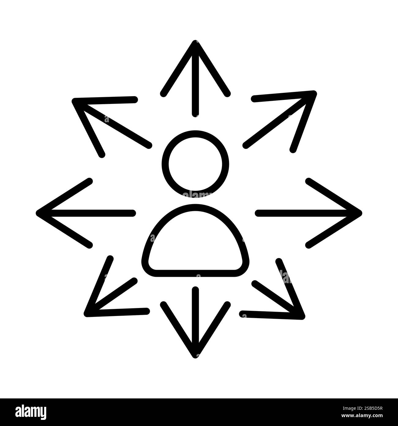 A simple black line drawing of a person surrounded by eight arrows ...