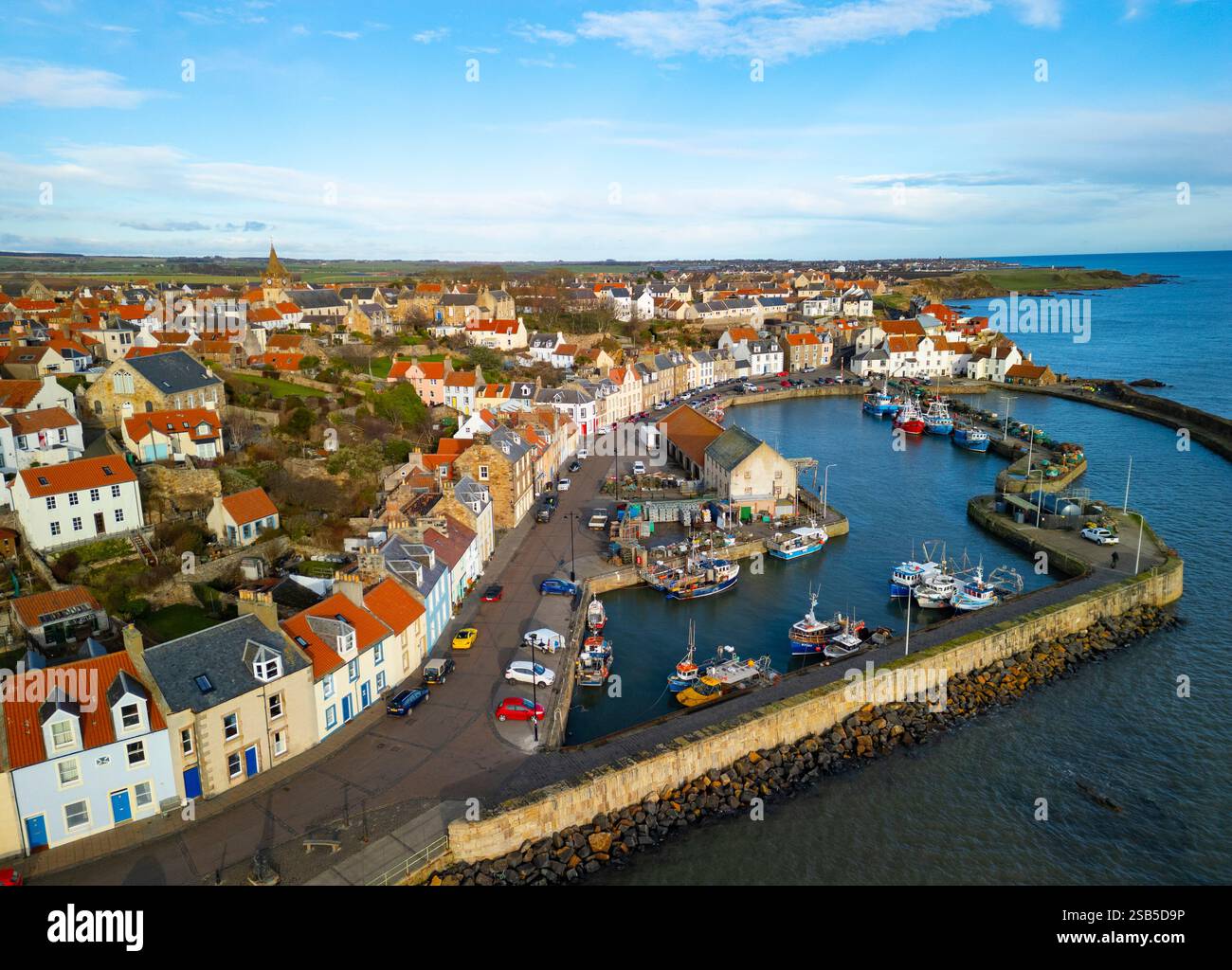 Aerial view from drone of Pittenweem fishing village and harbour, East ...