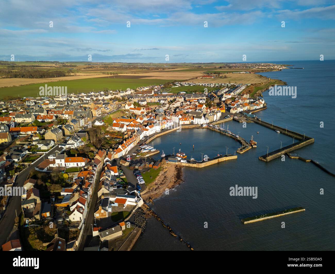 Aerial view from drone of St Monans fishing village and harbour, East ...