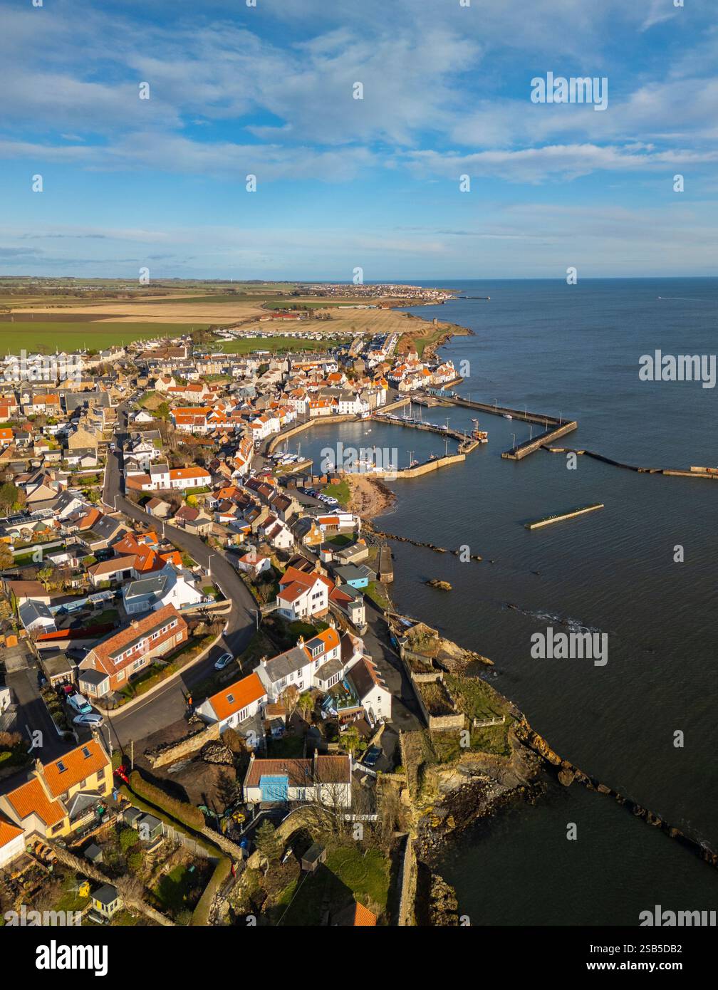 Aerial view from drone of St Monans fishing village and harbour, East ...
