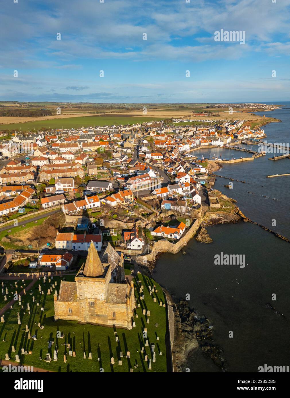Aerial view from drone of St Monans fishing village and harbour, East ...