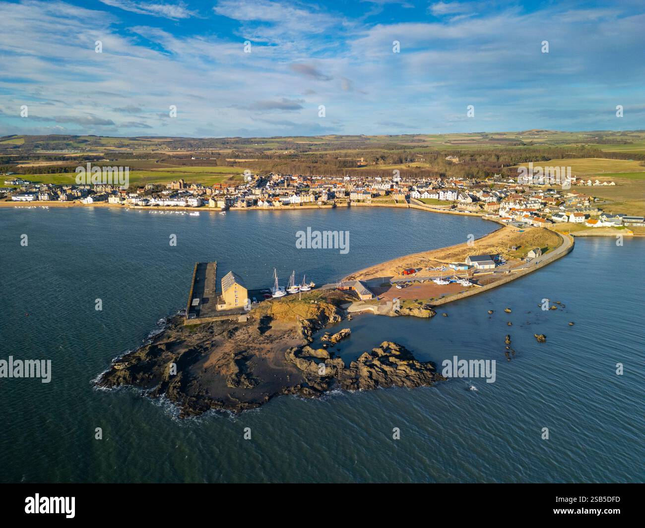 Aerial view from drone of Elie and Earlsferry on coast in Fife ...