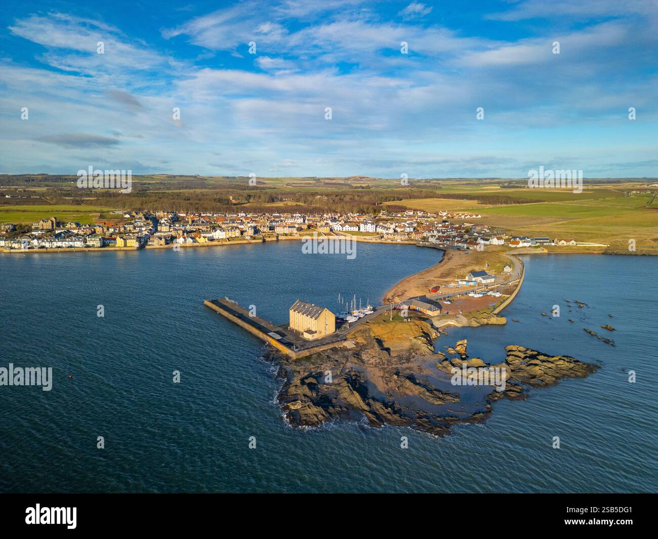 Aerial view from drone of Elie and Earlsferry on coast in Fife ...