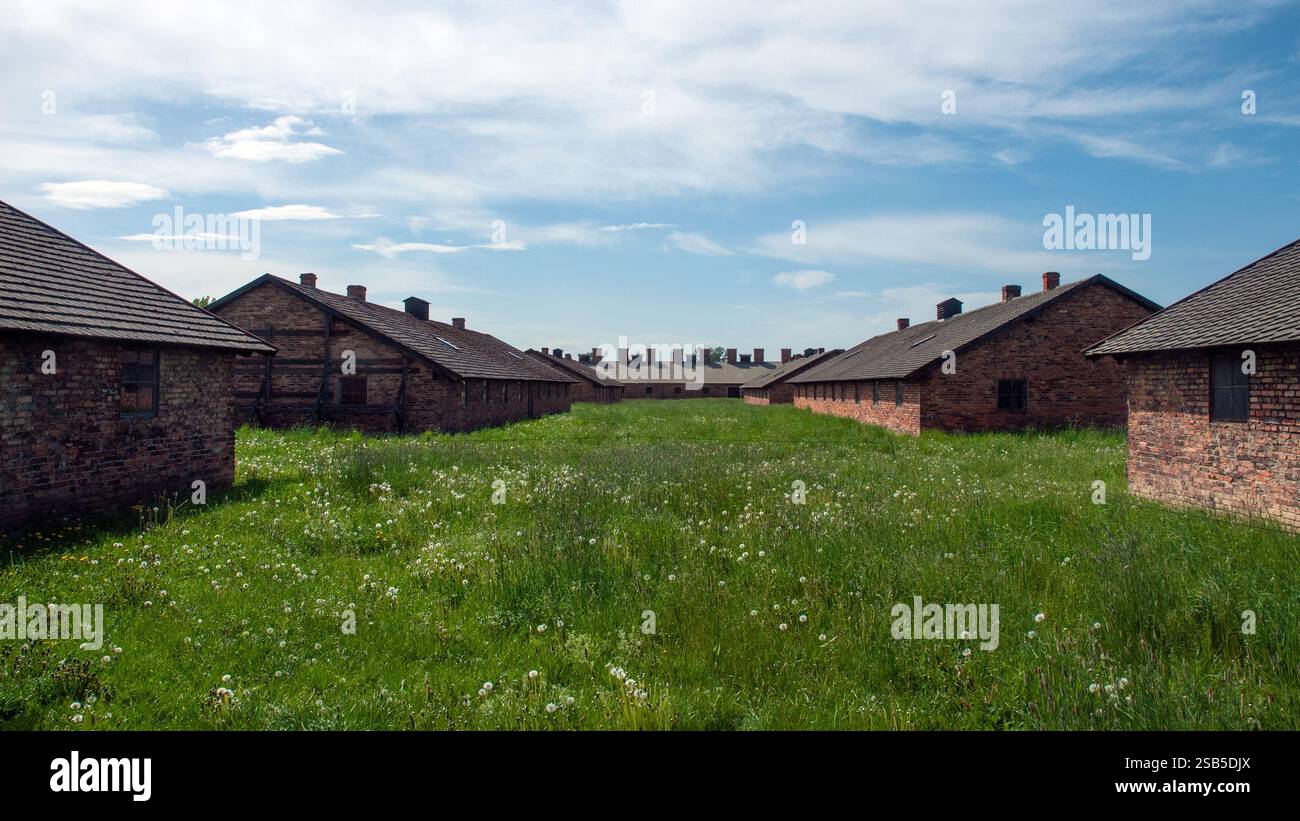 Symmetrical view of camp huts at Birkenau death camp, Poland Stock ...