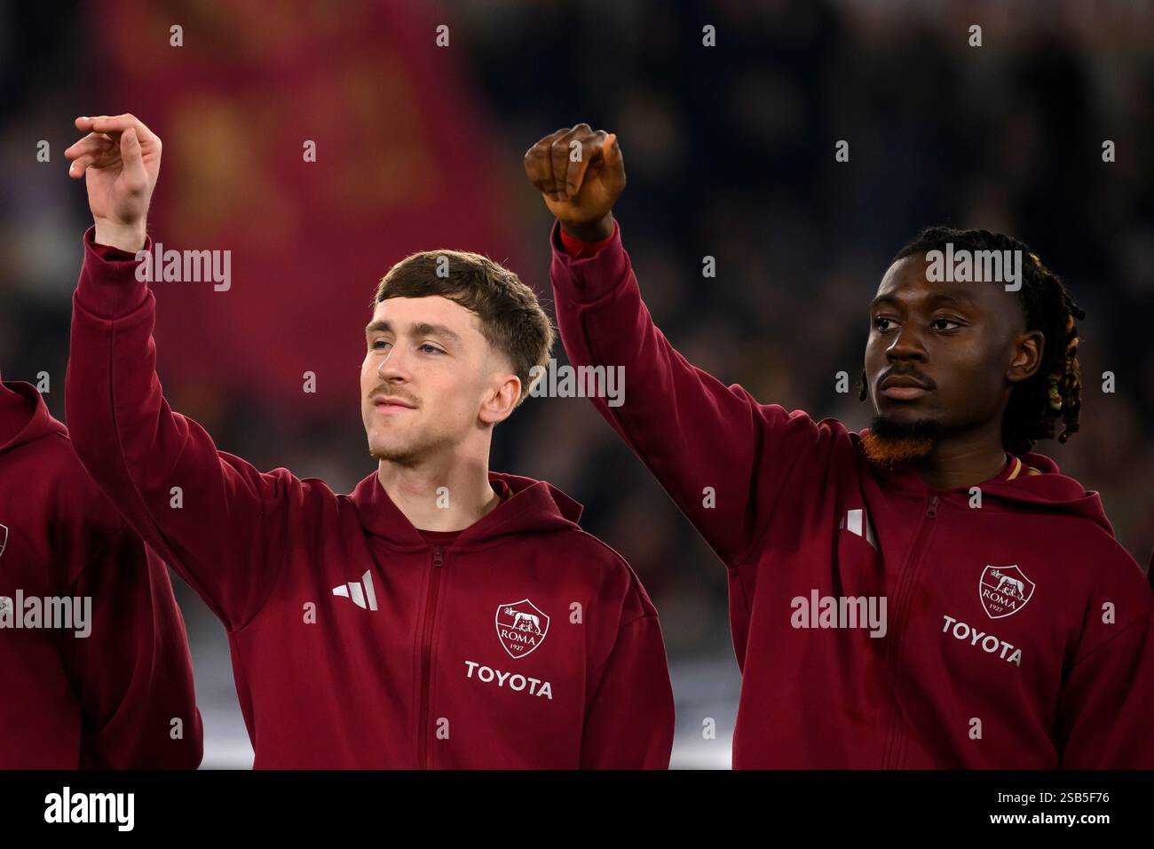 Alexis Saelemaekers and Kouadio Kone of AS Roma wave during the Europa ...