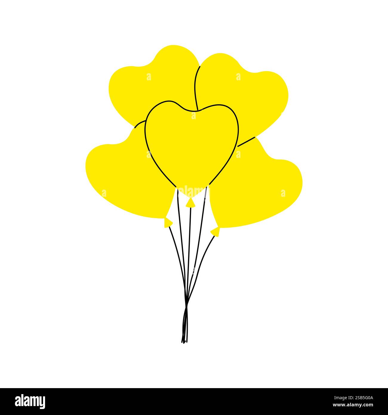 Five yellow heart-shaped balloons are tied together with black strings ...