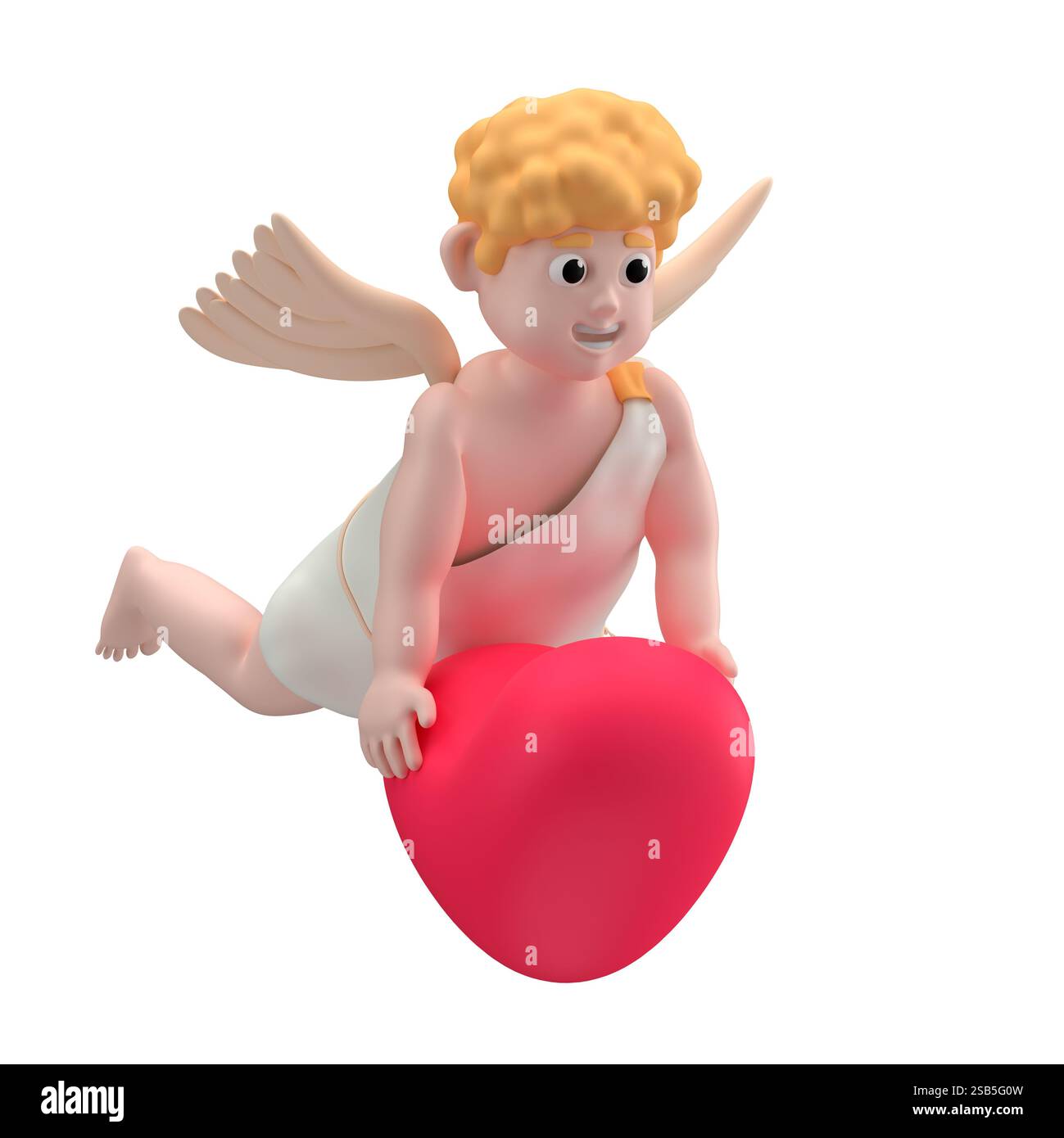 Smiling cupid character carrying red heart while flying, 3d ...