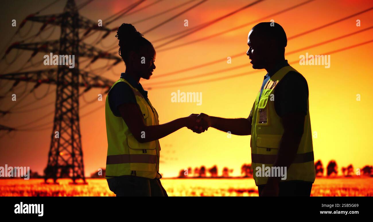 Electrician Workers Shaking Hands Near High Voltage Circuit Line Tower ...